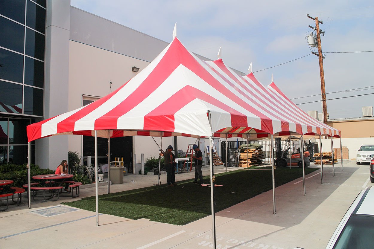 Red and White Striped 20x50 High Peak Tent | Tent Rentals